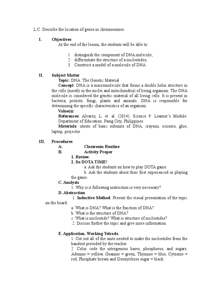 Lesson Plan in DNA Grade 9 Practicum | PDF | Dna | Nucleotides
