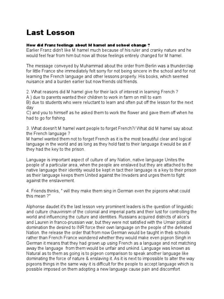 Last Lesson: How Did Franz Feelings About M Hamel and School Change ...