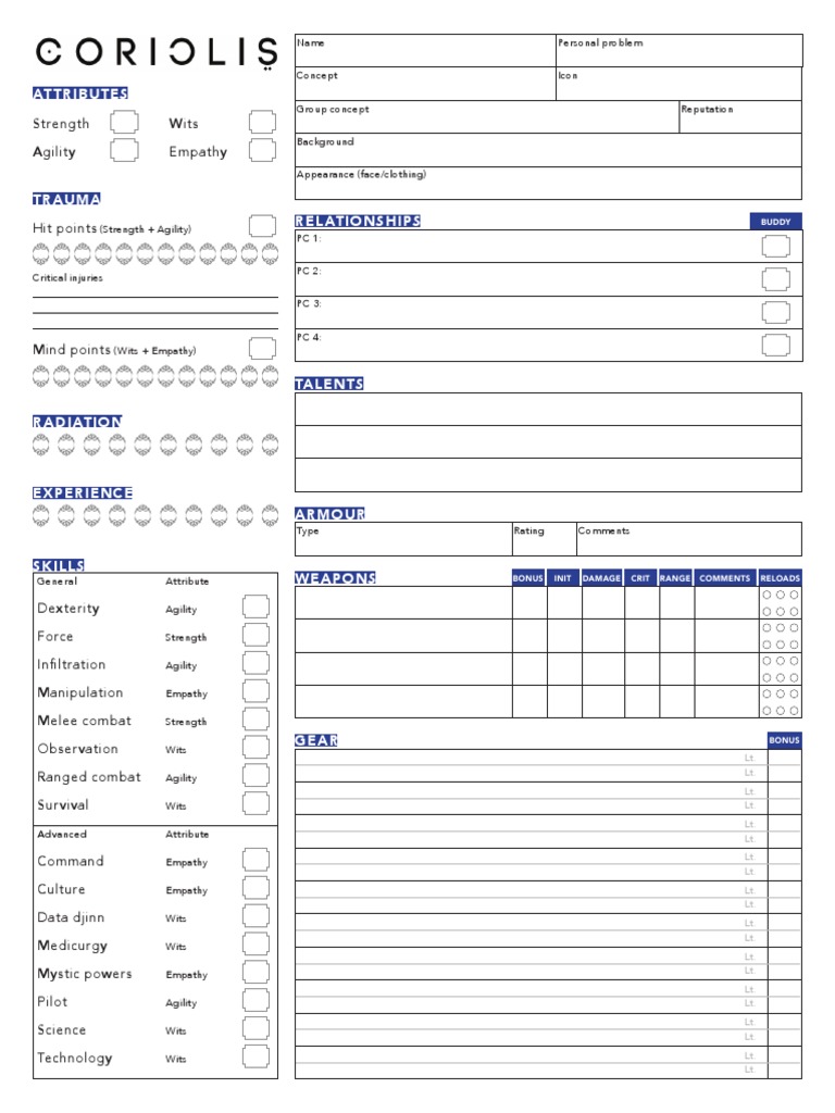 Coriolis Character Sheet Fillable | PDF | Video Games | Role Playing Games