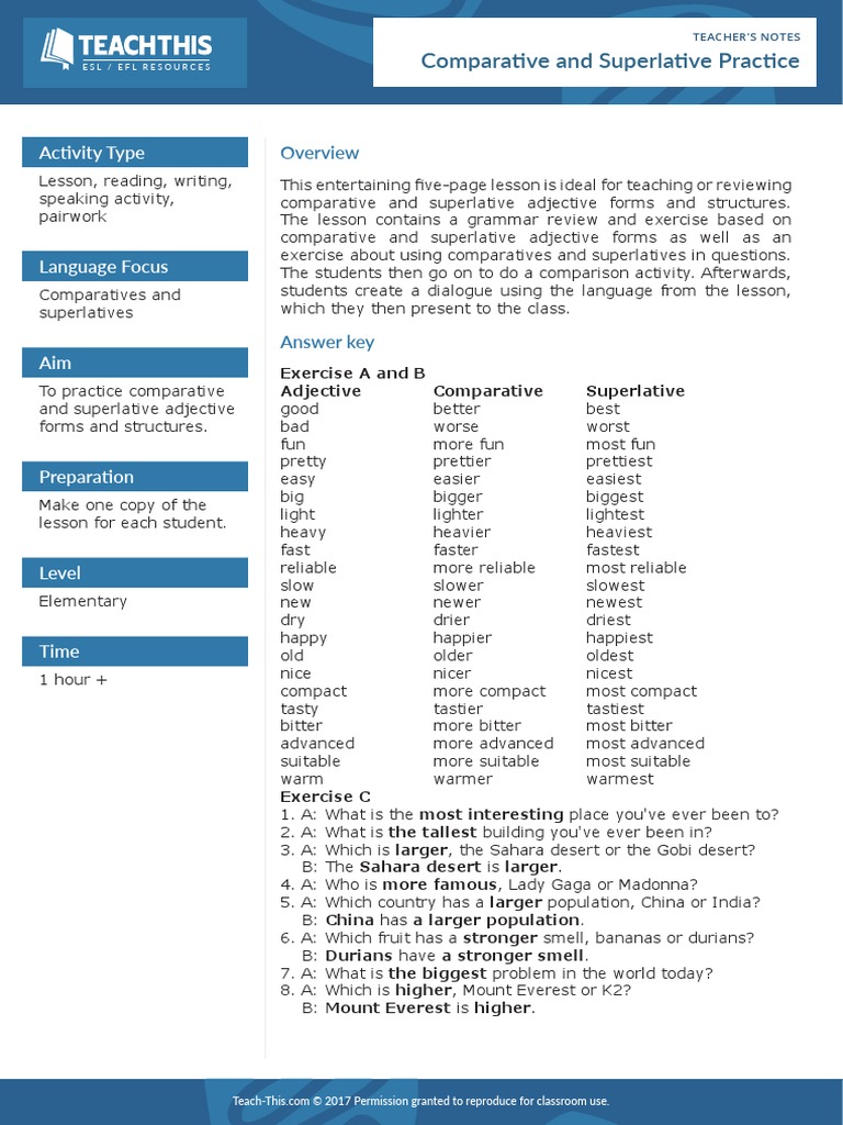 Comparative and Superlative Practice | PDF | English As A Second Or ...