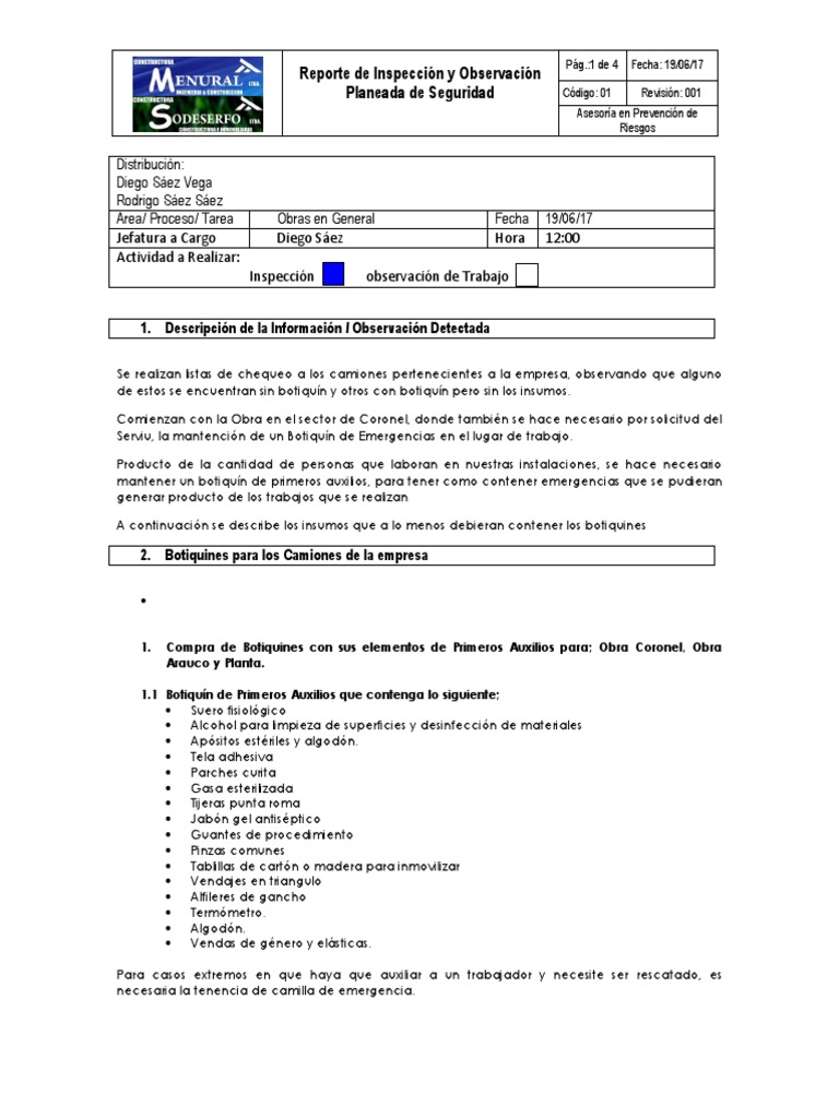 Informe Inspeccion de Seguridad. | PDF | Primeros auxilios | Medicina