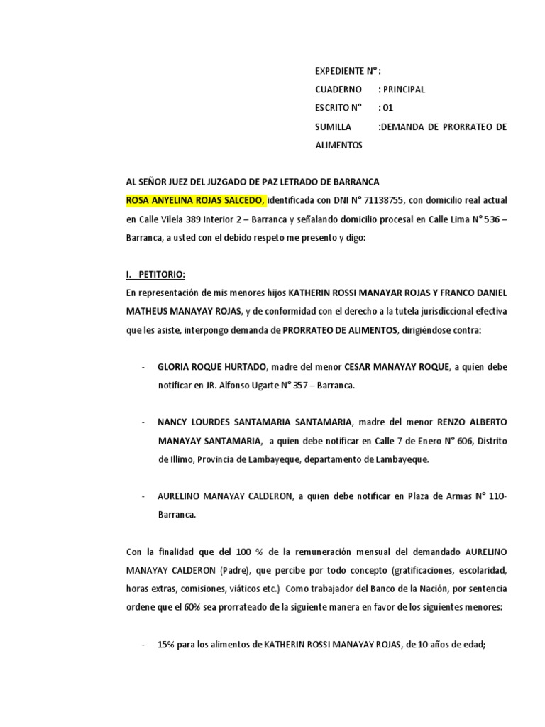MODELO DE DEMANDA | Manutención de los hijos | Demanda judicial | Free ...