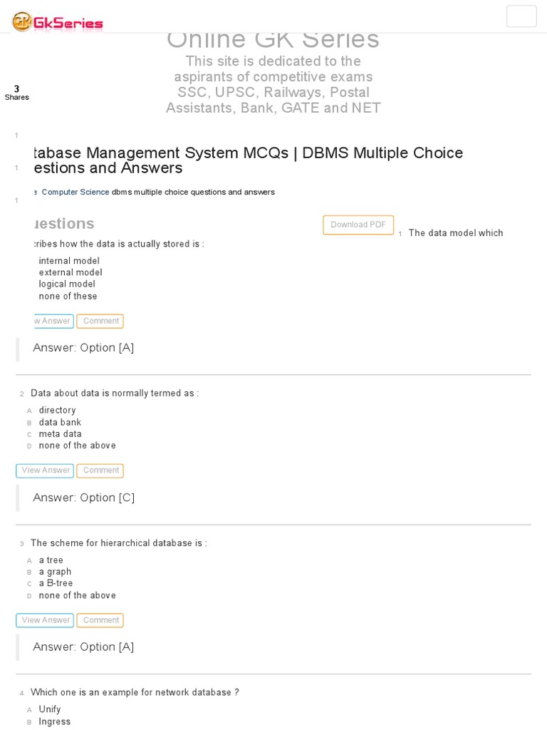 DBMS MCQs - Chapterwise Database Management Multiple Choice Questions and Answers | PDF | Data ...
