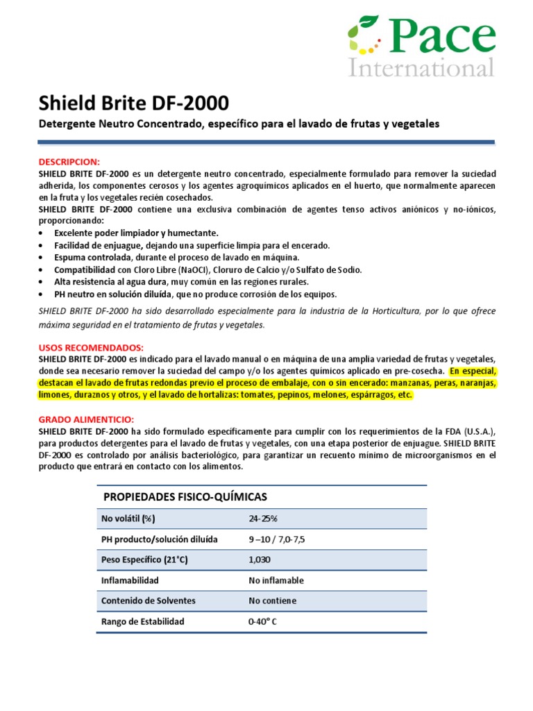 Shield Brite DF-2000 Ficha Técnica | PDF | Detergente | Cloro