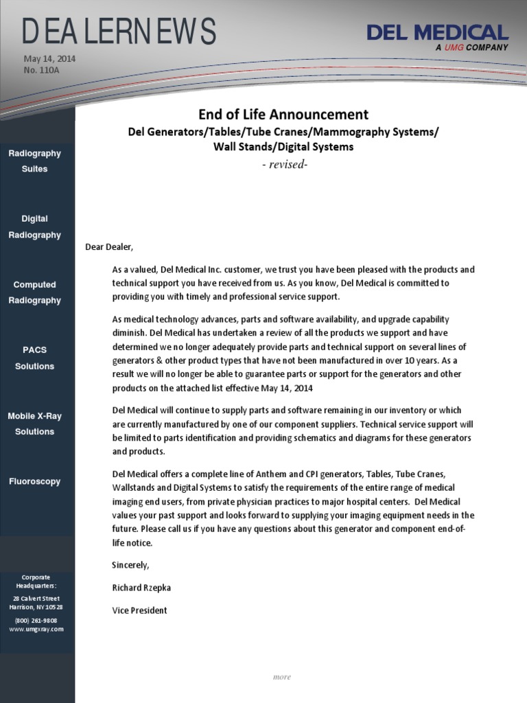 Gendex-Del GX525 EOL 05-14-2014 | PDF | Radiography | Technical Support