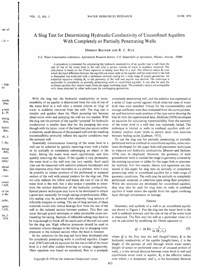 Bouwer Rice Slug Test Hydraulic Conductivity WRR1976 | PDF | Aquifer ...