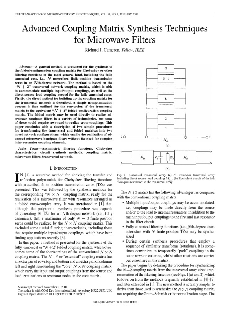 Advanced Coupling Matrix Synthesis Technique For Uw Filters Pdf Polynomial Matrix