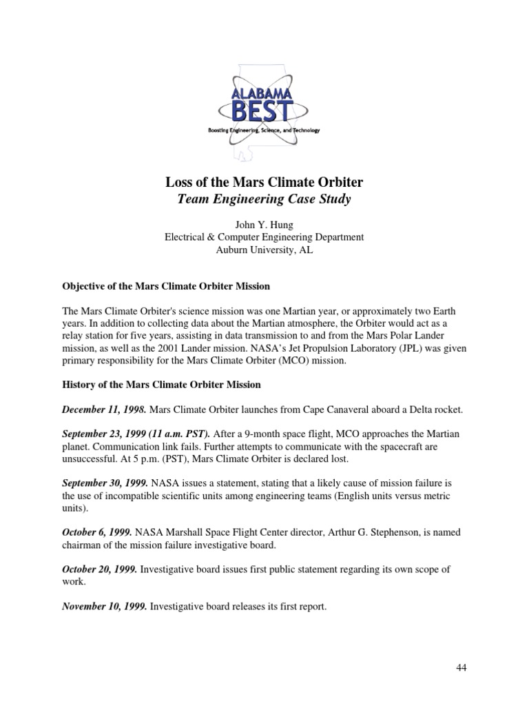Mars Climate Orbiter Case Study | PDF | Jet Propulsion Laboratory | Mars