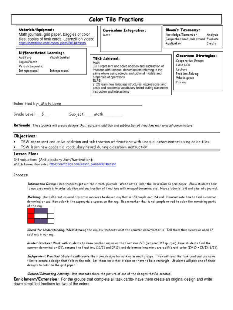 Color Tile Fractions Lesson Plan | PDF | Fraction (Mathematics ...