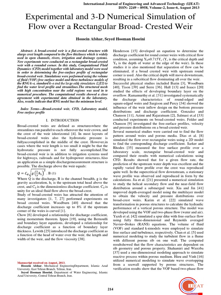 Experimental and 3 D Numerical Simulation of Flow Over A Rectangular Broad Crested Weir | PDF ...