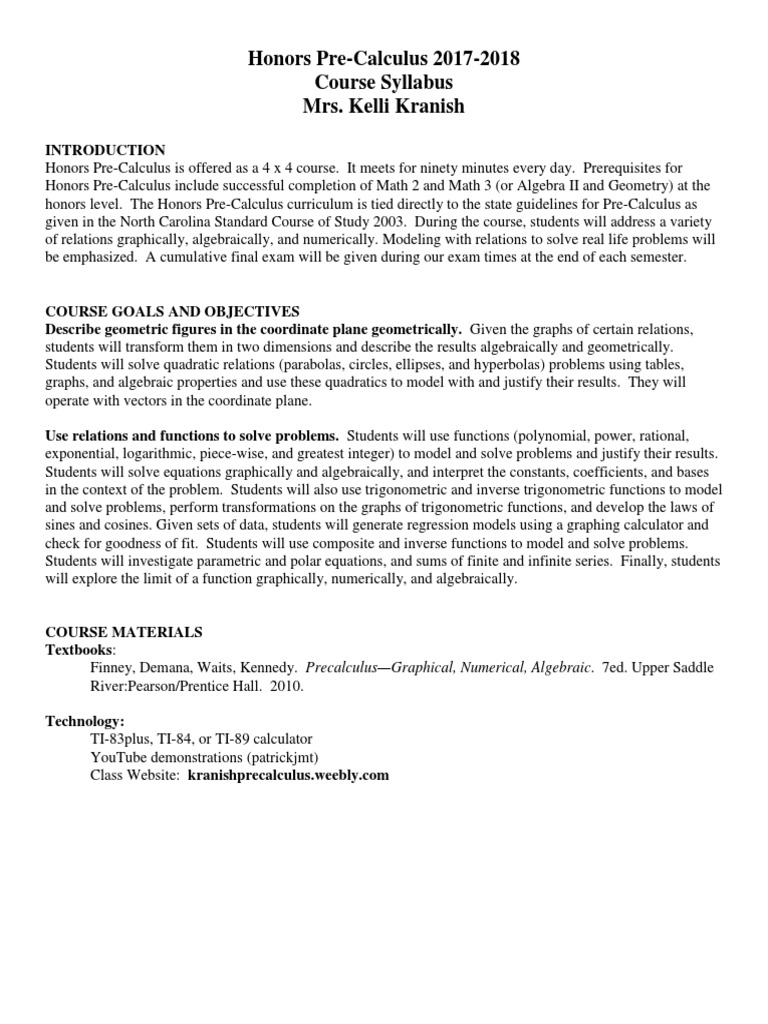 Honors Pre-Calculus - Syllabus - 2017-2018 | Download Free PDF ...