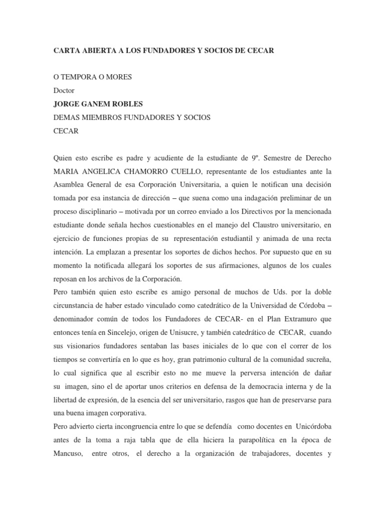 Carta Abierta A Los Fundadores y Socios de Cecar | PDF | Gobierno ...