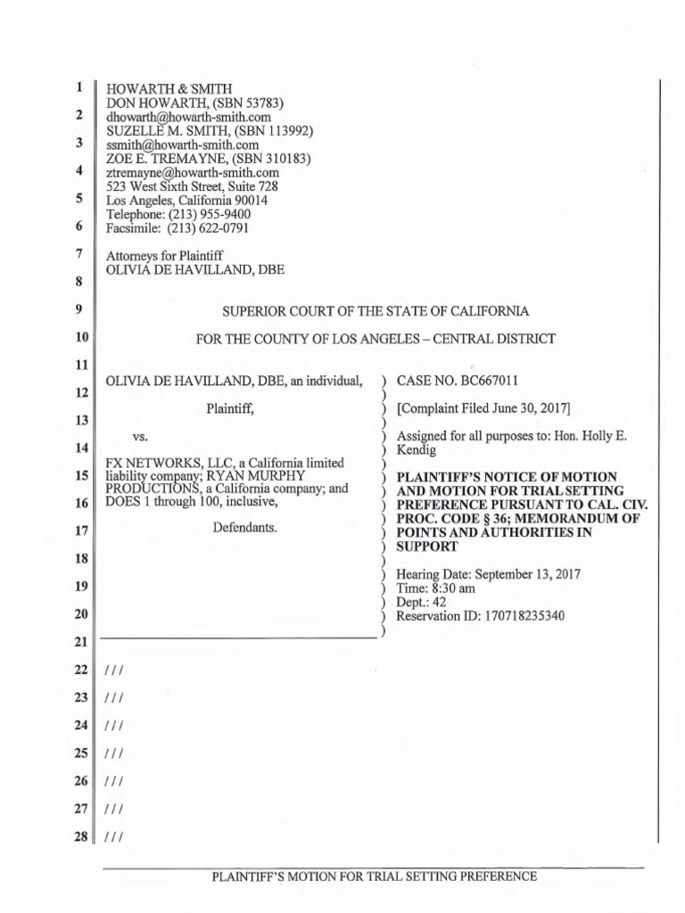 De Havilland Motion For Trial Setting | Download Free PDF | Prejudice ...