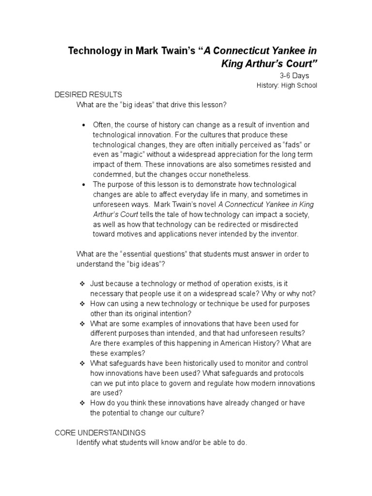 Mark Twain and CT Yankee Technology | PDF | Essays | Invention