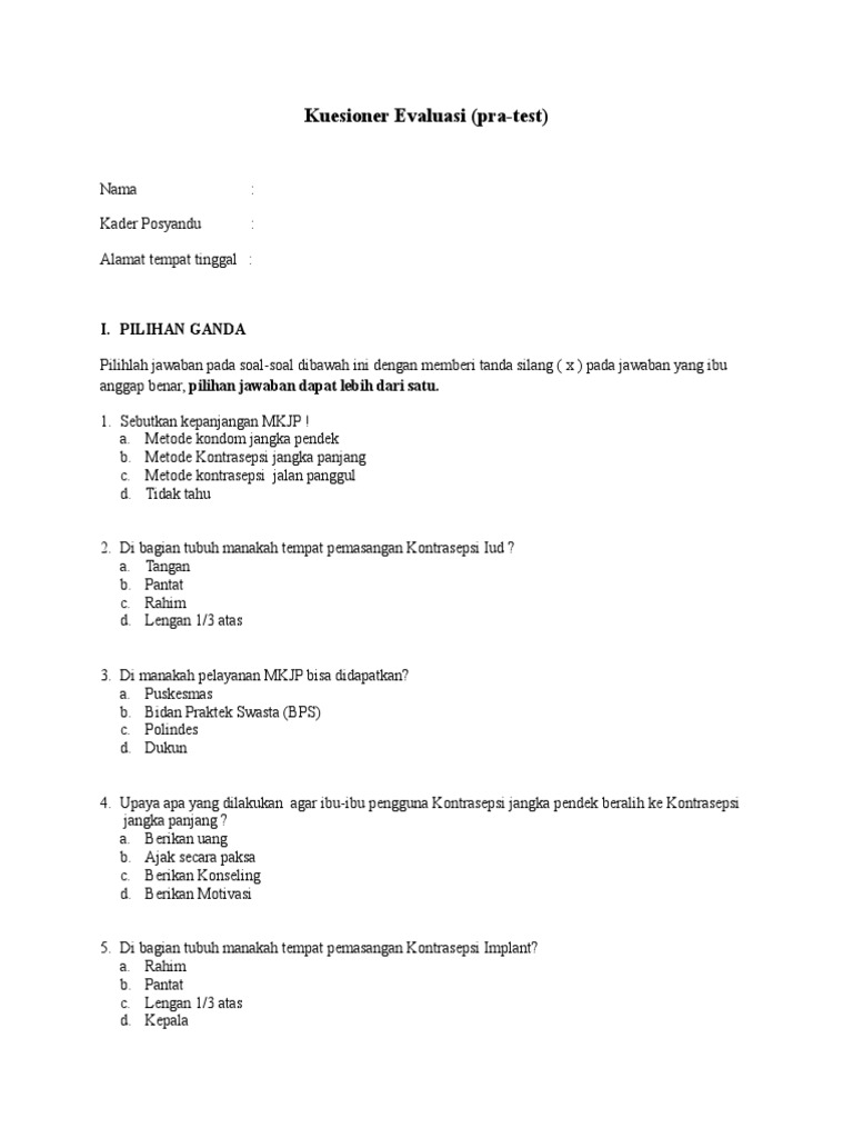 Kuesioner KB (Pra-Test) | PDF