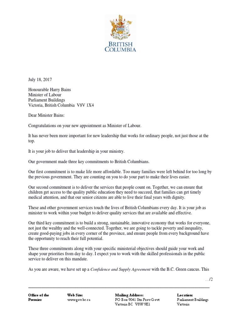 Mandate Letter: British Columbia Ministry of Labour | PDF | British ...