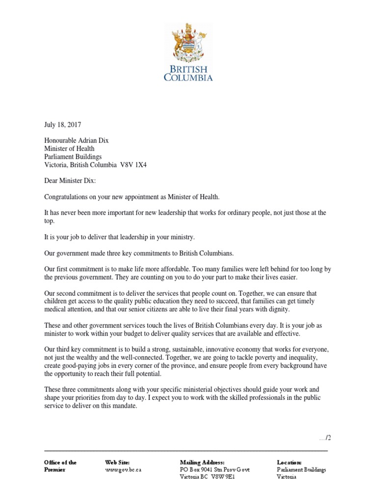 Mandate Letter: British Columbia Ministry of Health | British Columbia ...