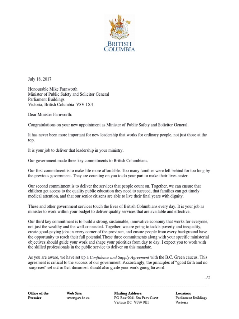 Mandate Letter: British Columbia Ministry of Public Safety and ...
