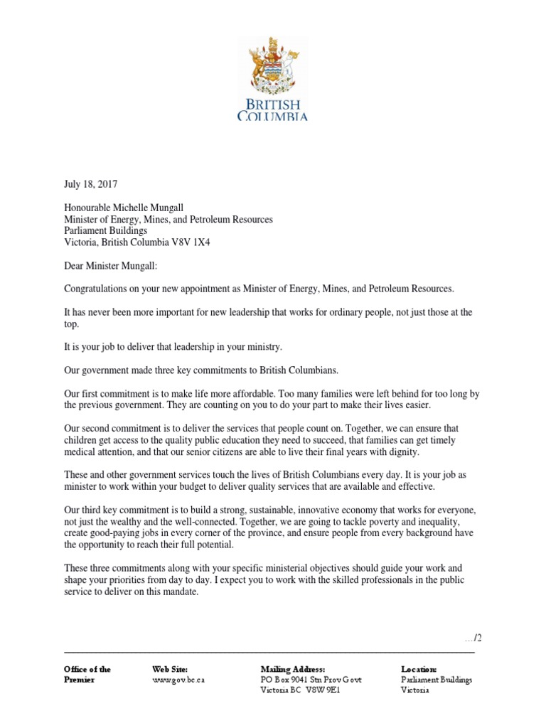 Mandate Letter: British Columbia Ministry of Energy, Mine and Petroleum ...