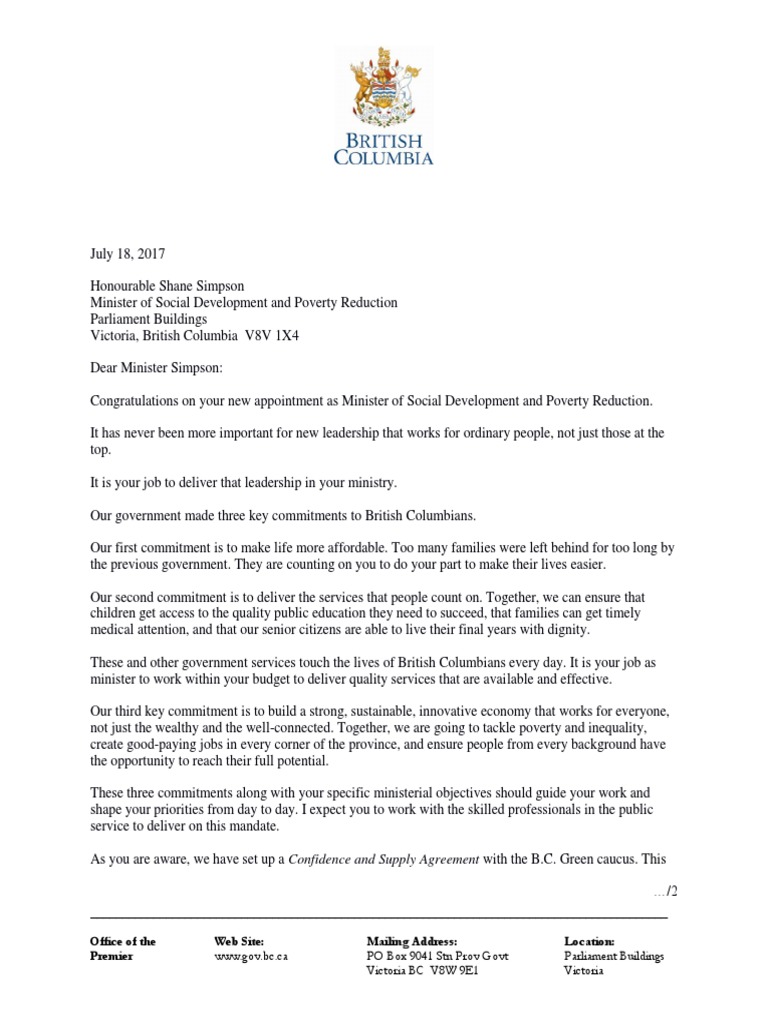 Mandate Letter: British Columbia Ministry of Social Development and ...