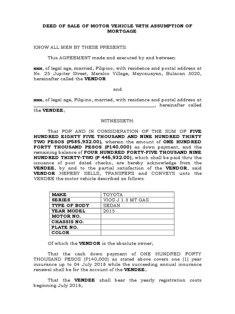 Deed of Sale of Motor Vehicle With Assumption of Mortgage (1 ...