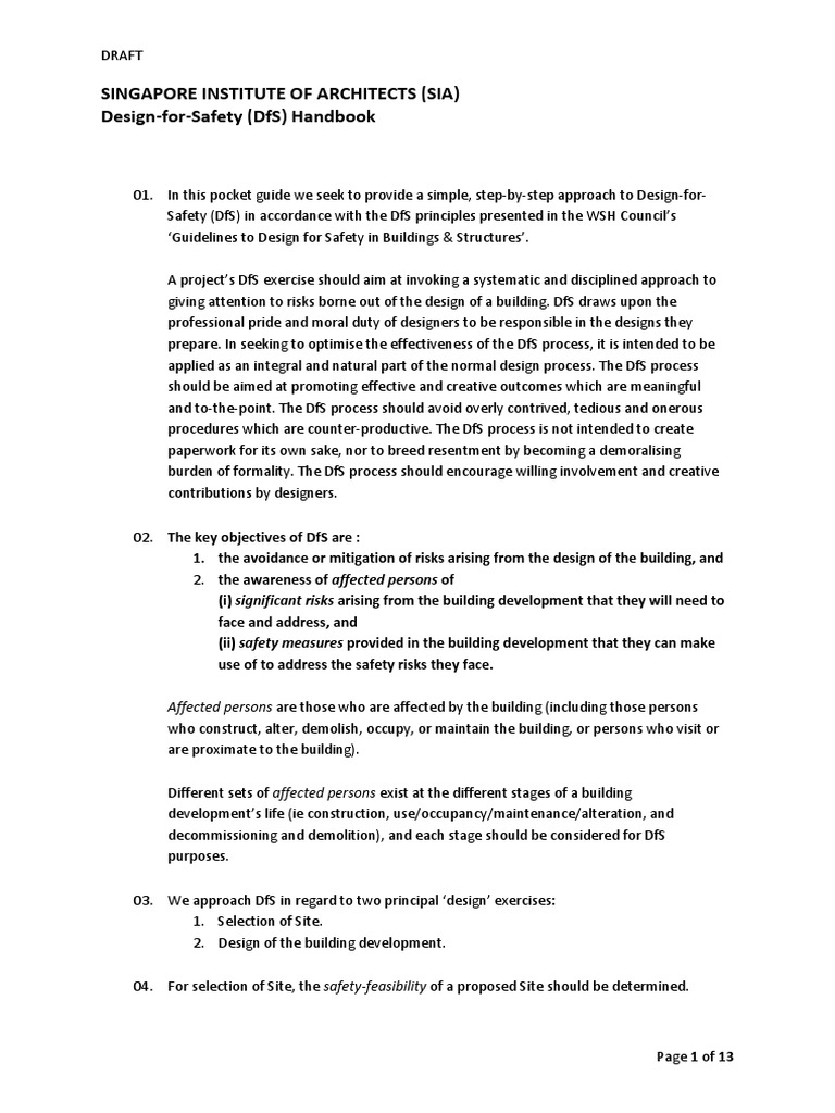 Draft - SIA Design-For-Safety (DFS) Handbook | PDF | Architect | Risk