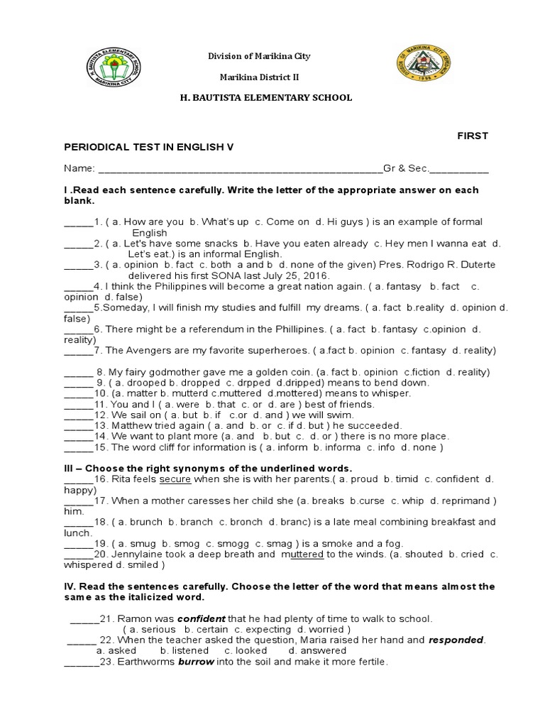Grade 5 English 1st Periodical Test | PDF