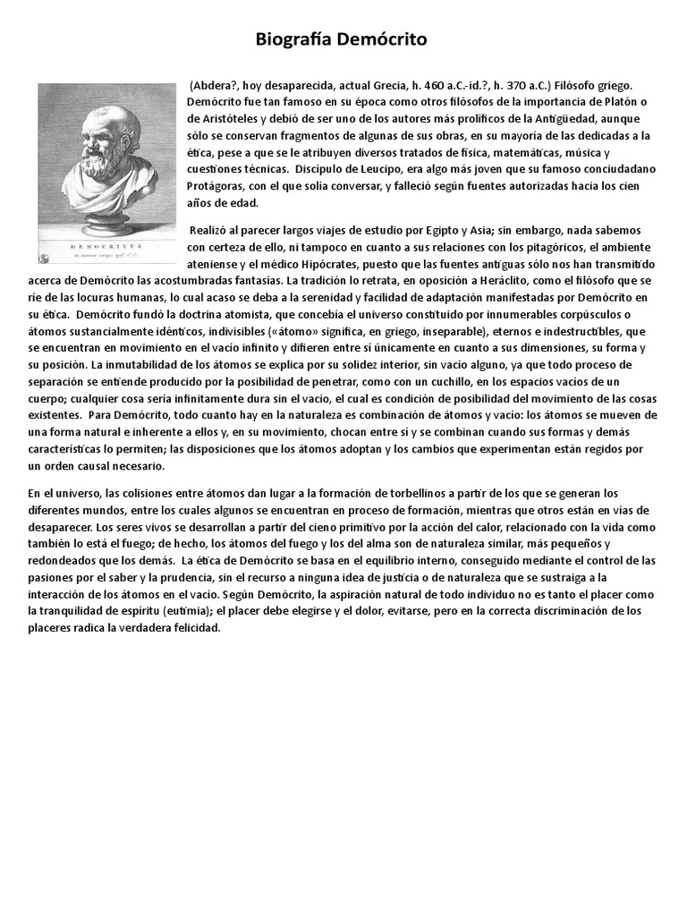 Biografía Demócrito | PDF | Epistemología | Metafísica Biografía Demócrito | PDF | Epistemología | Metafísica