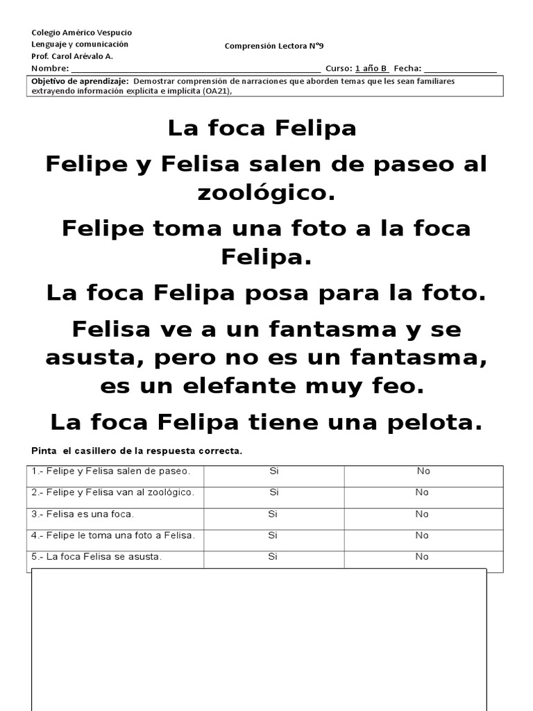 Comprensión Lectora La Foca Felipa | PDF