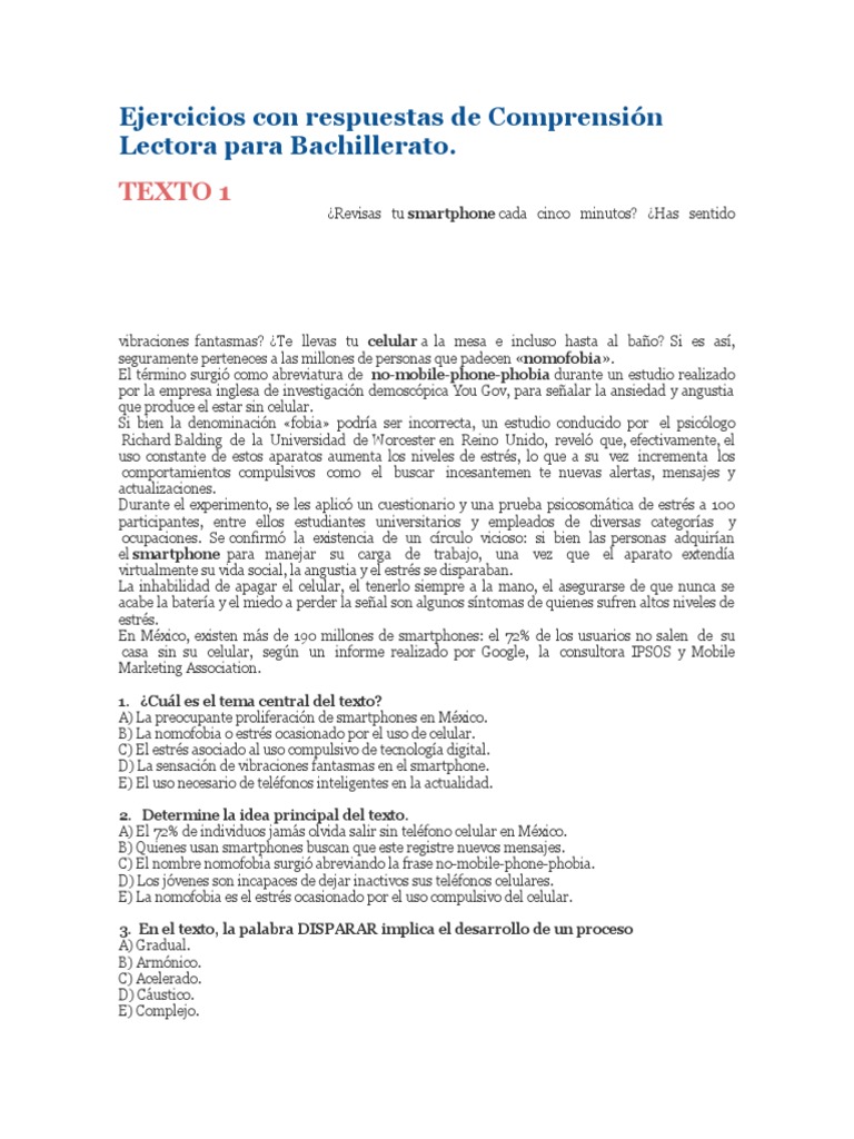 Ejercicios Con Respuestas de Comprensión Lectora para Bachillerato ...