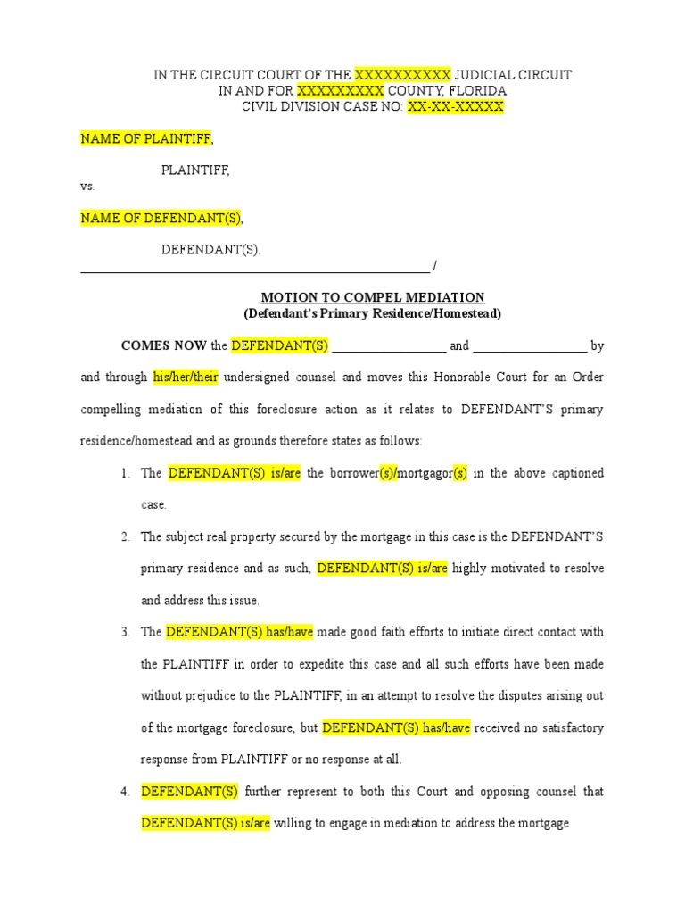 Motion To Compel Mediation Template | PDF | Foreclosure | Short Sale ...
