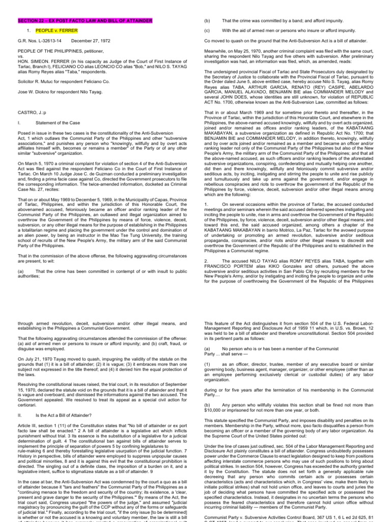 Section 22 – Ex Post Facto Law and Bill of Attainder | United States ...