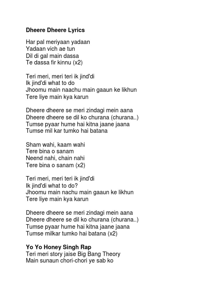 Dheere Dheere Lyrics | PDF