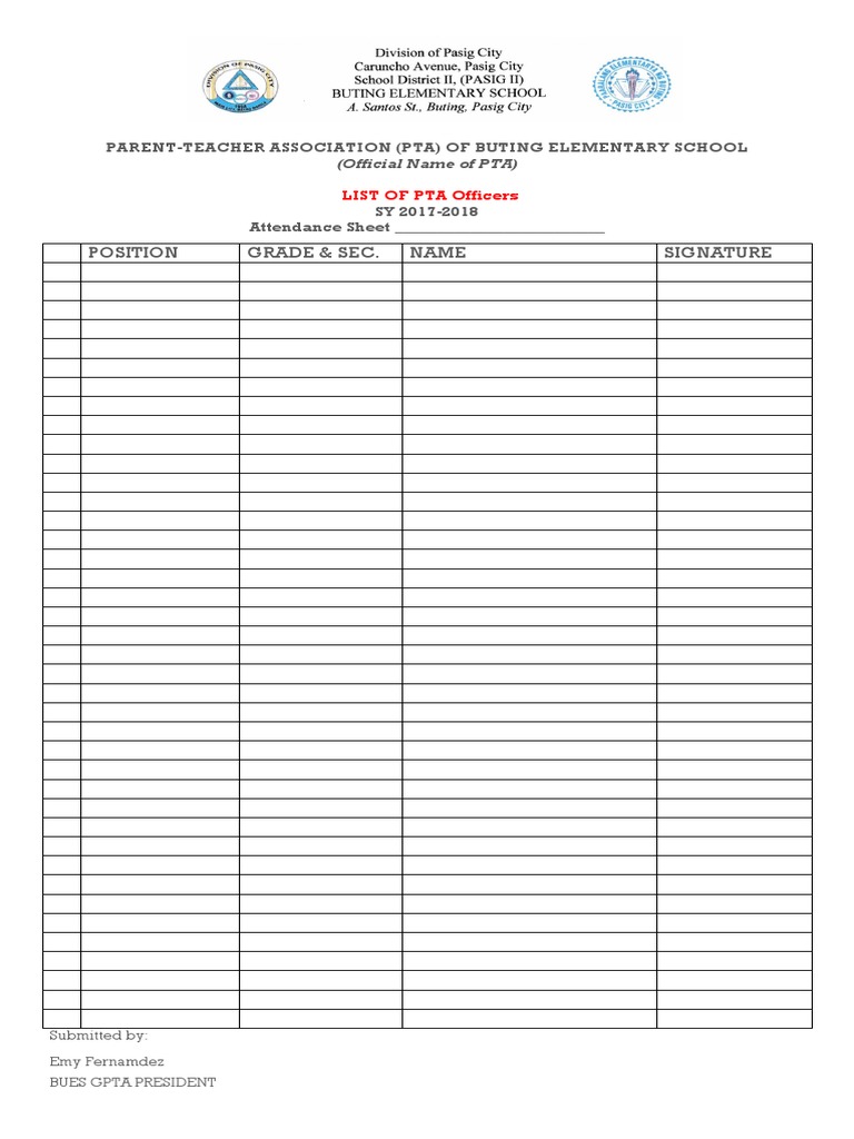 Buting Elementary PTA Officers List 2017-2018 | PDF