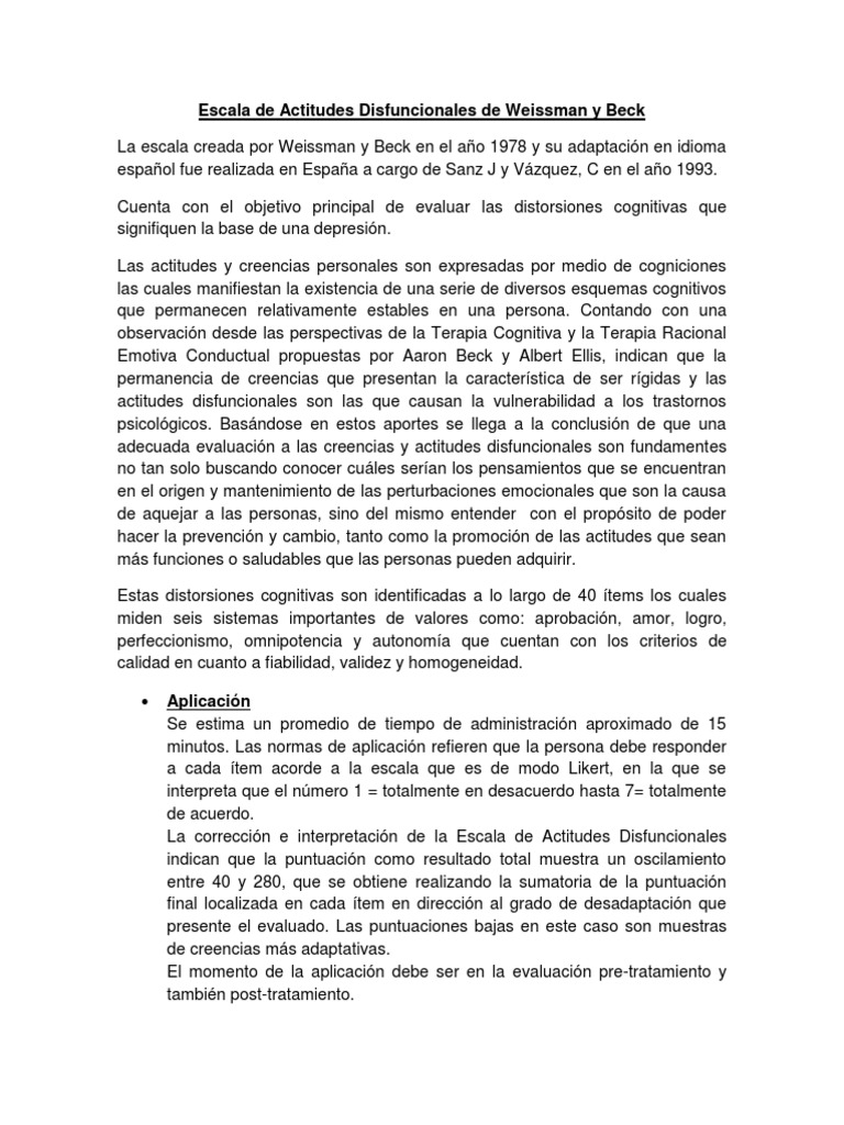 Escala de Actitudes Disfuncionales de Weissman | PDF | Sicología ...