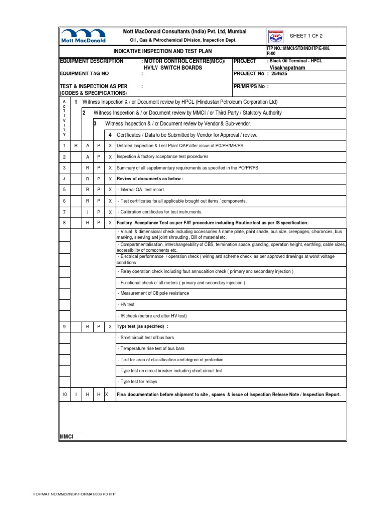 Comprehensive Inspection and Testing Plan for Motor Control Centre and ...