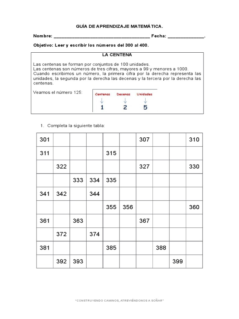 Guía Matemática 2°. Los Números Del 300 - 400 | PDF | Sustracción ...