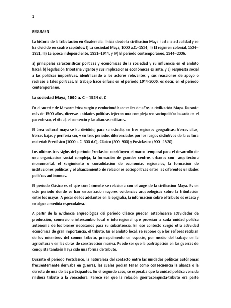 Resumen Historia Del Tributo en Guatemala | PDF | Guatemala | Civilización maya