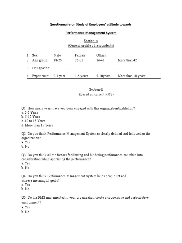 Questionnaire On PMS | PDF | Performance Management | Performance Appraisal