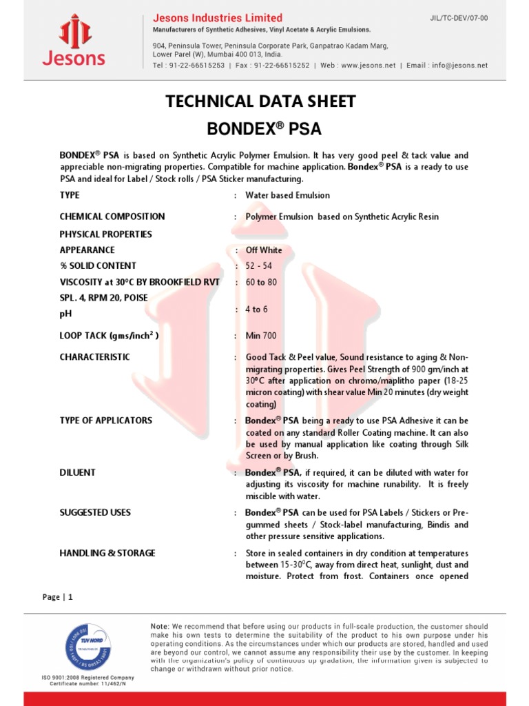 TDS Adhesives PSA | PDF | Adhesive | Industrial Processes
