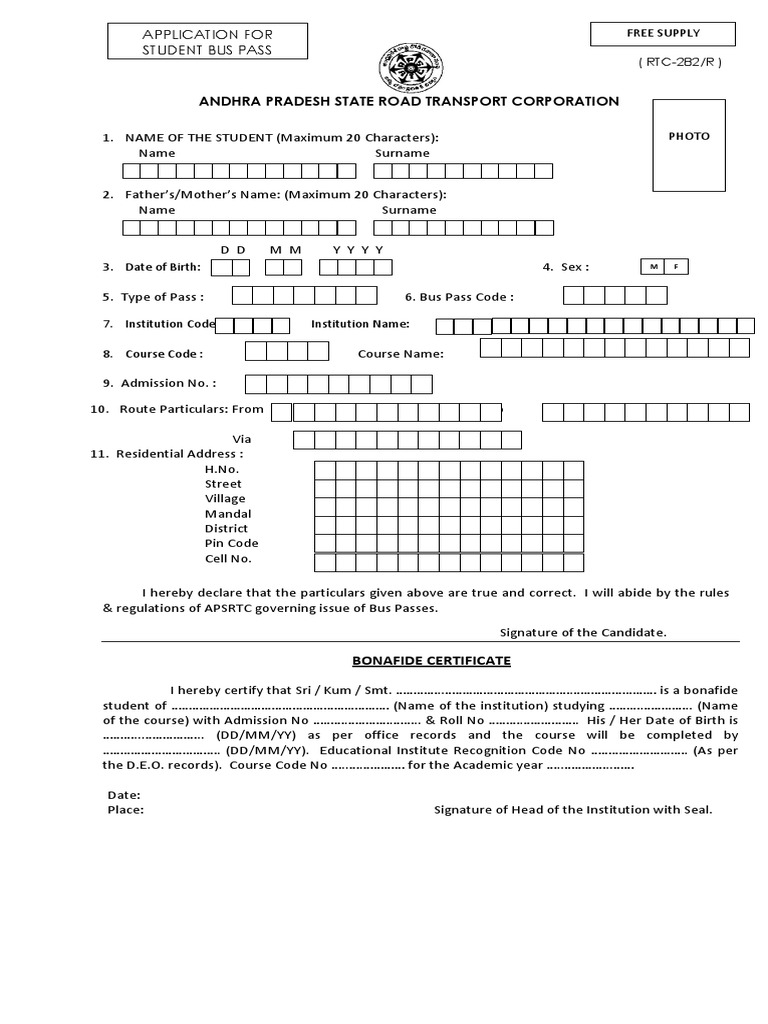 Apsrtc Bus Pass Application Format | Identity Document | Government And ...