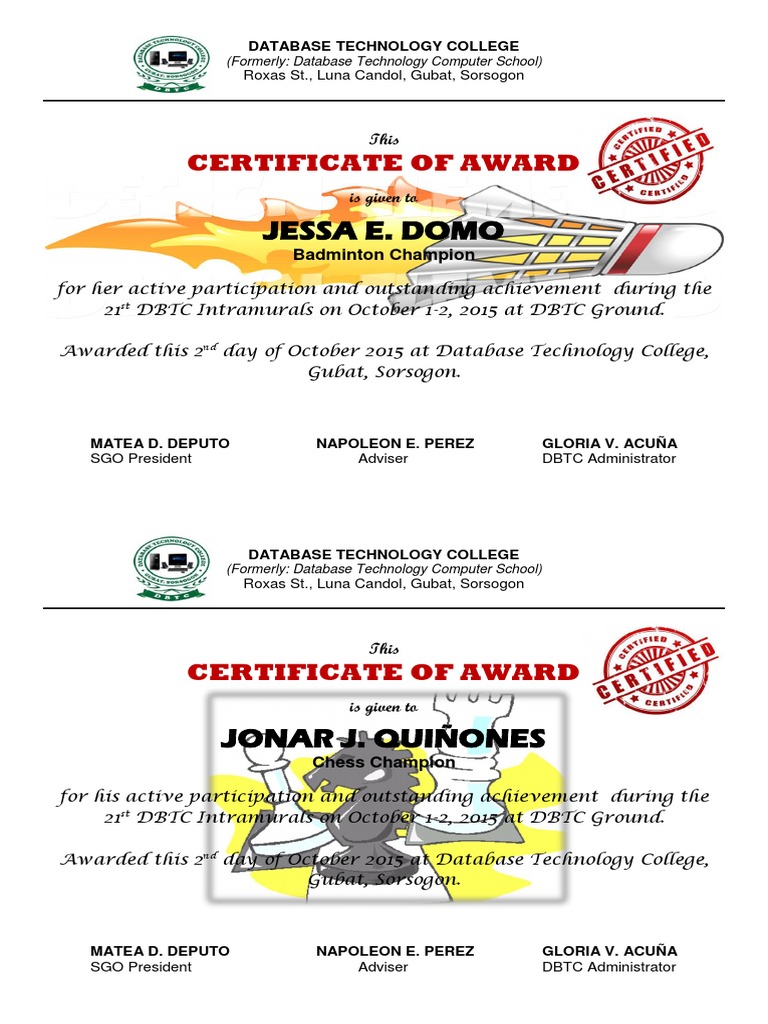 Jessa E. Domo: Certificate of Award | PDF