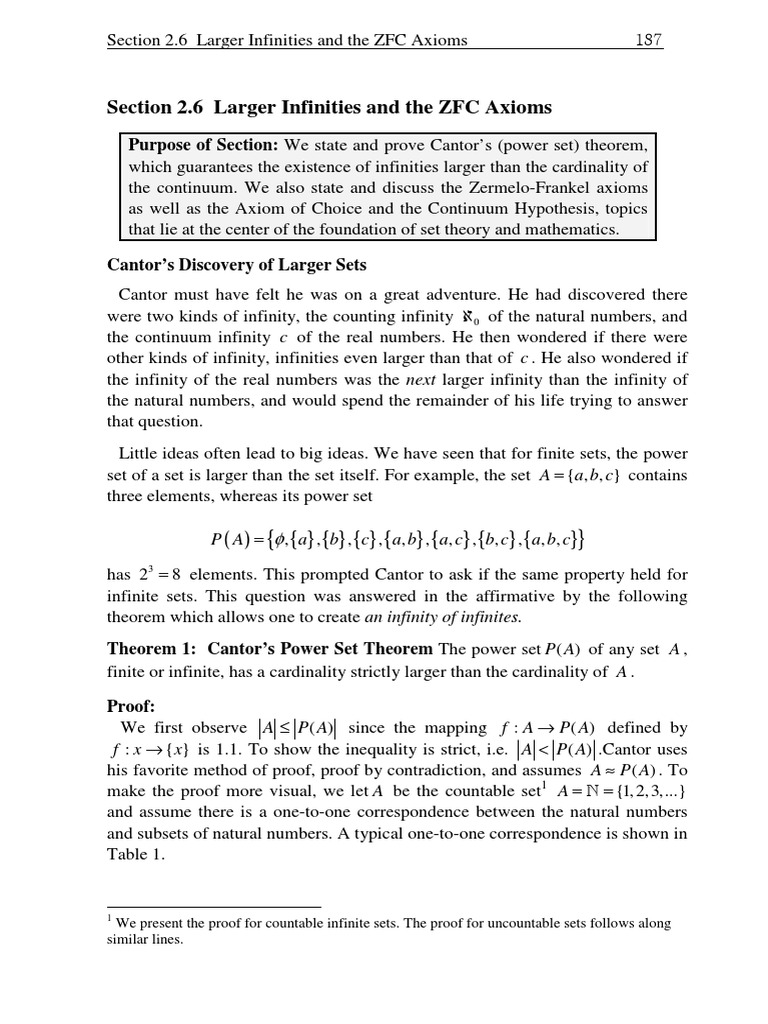 Section 2.6 Larger Infinities and The ZFC Axioms: Purpose of Section ...