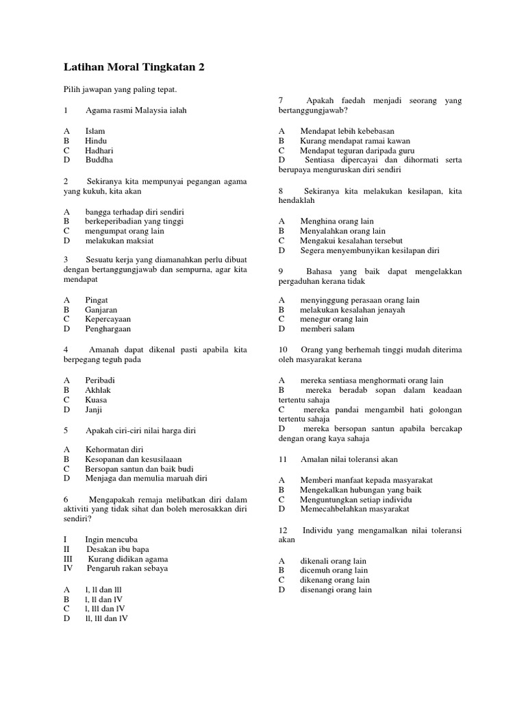 Latihan Moral Tingkatan 2 | PDF