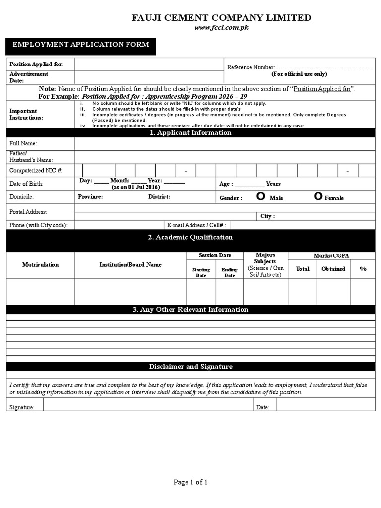Fauji Cement Company Limited: Employment Application Form | PDF | Further Education | Labour
