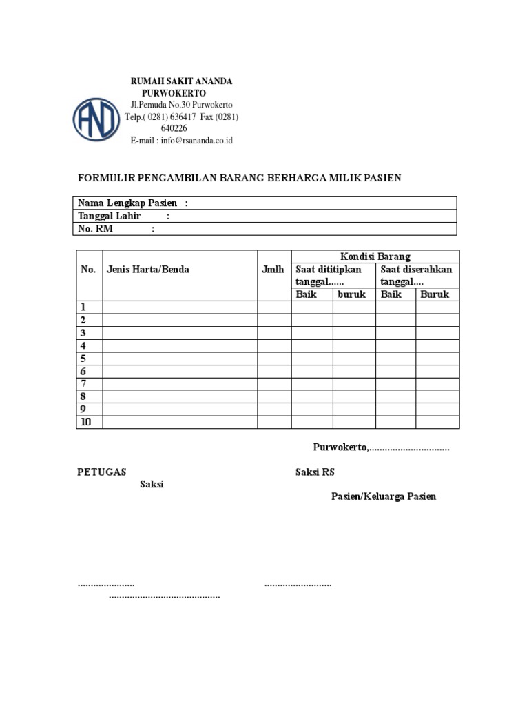 Formulir Pengambilan Barang Berharga Milik Pasien | PDF