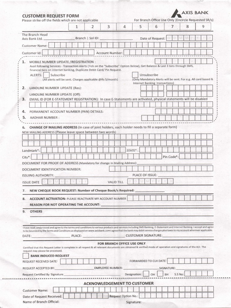 Customer Request Form - Axis Bank | PDF | Banking | Banks