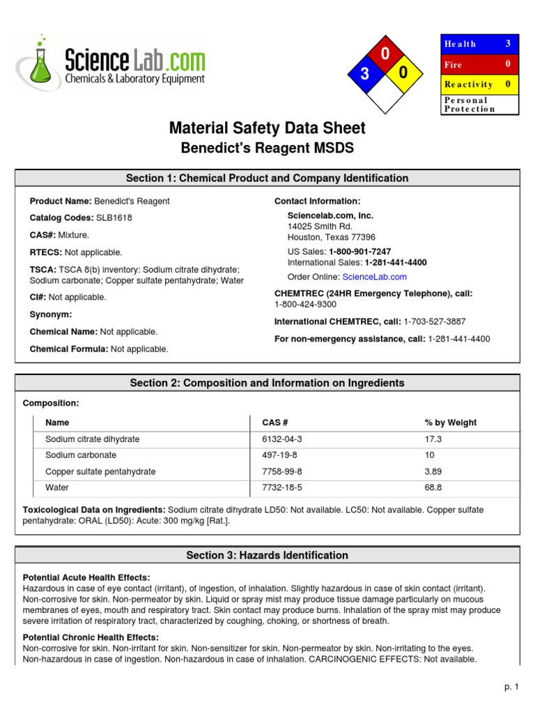 Benedict's RGT MSDS | PDF | Toxicity | Personal Protective Equipment