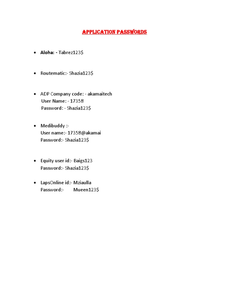 Aloha: - Tabrez123$: Application Passwords | PDF