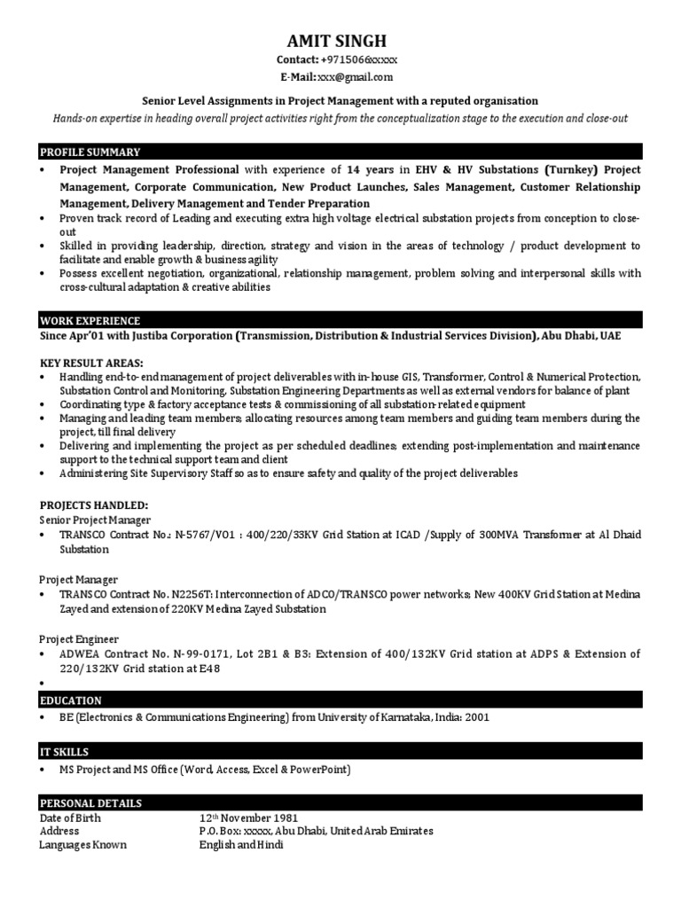 Project Management Resume | PDF | Electrical Substation | Electrical Grid